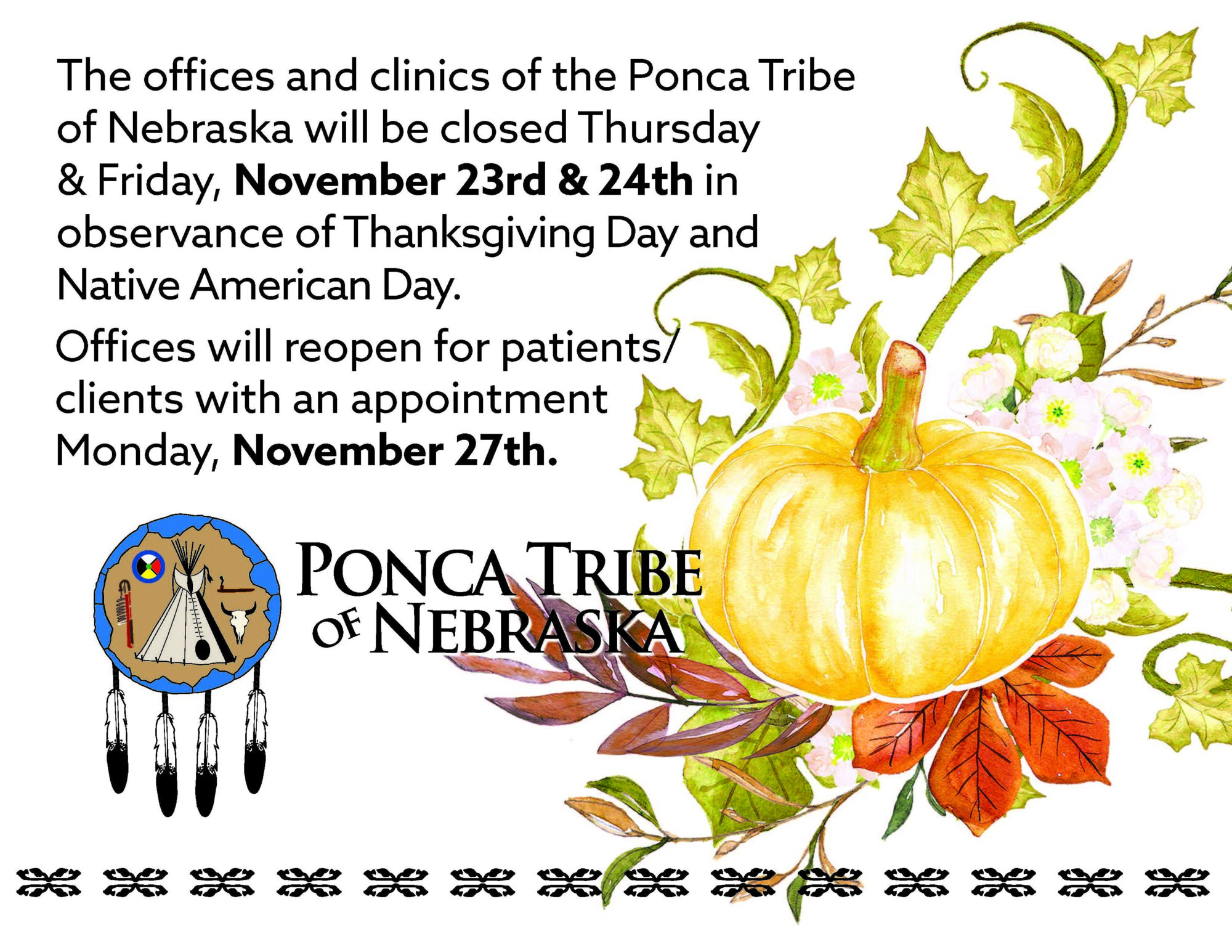 Offices Closed November 23rd & 24th – Ponca Tribe of Nebraska